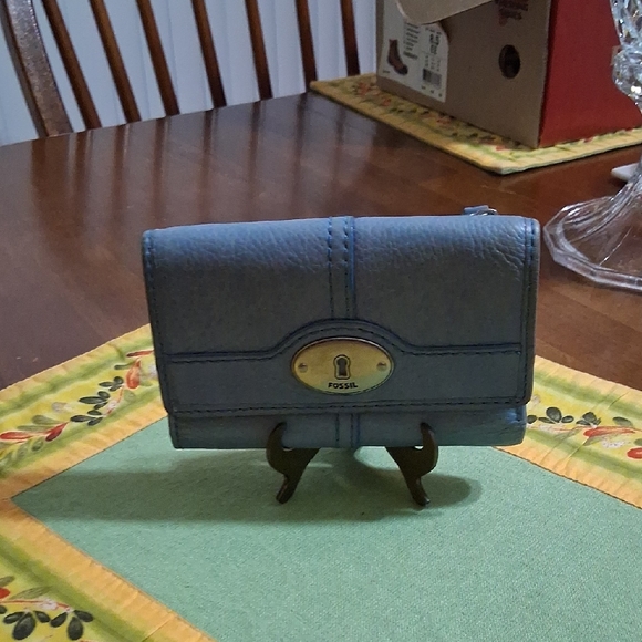 Fossil | Bags | Fossil Blue Leather Wallet With Silver Accent | Poshmark